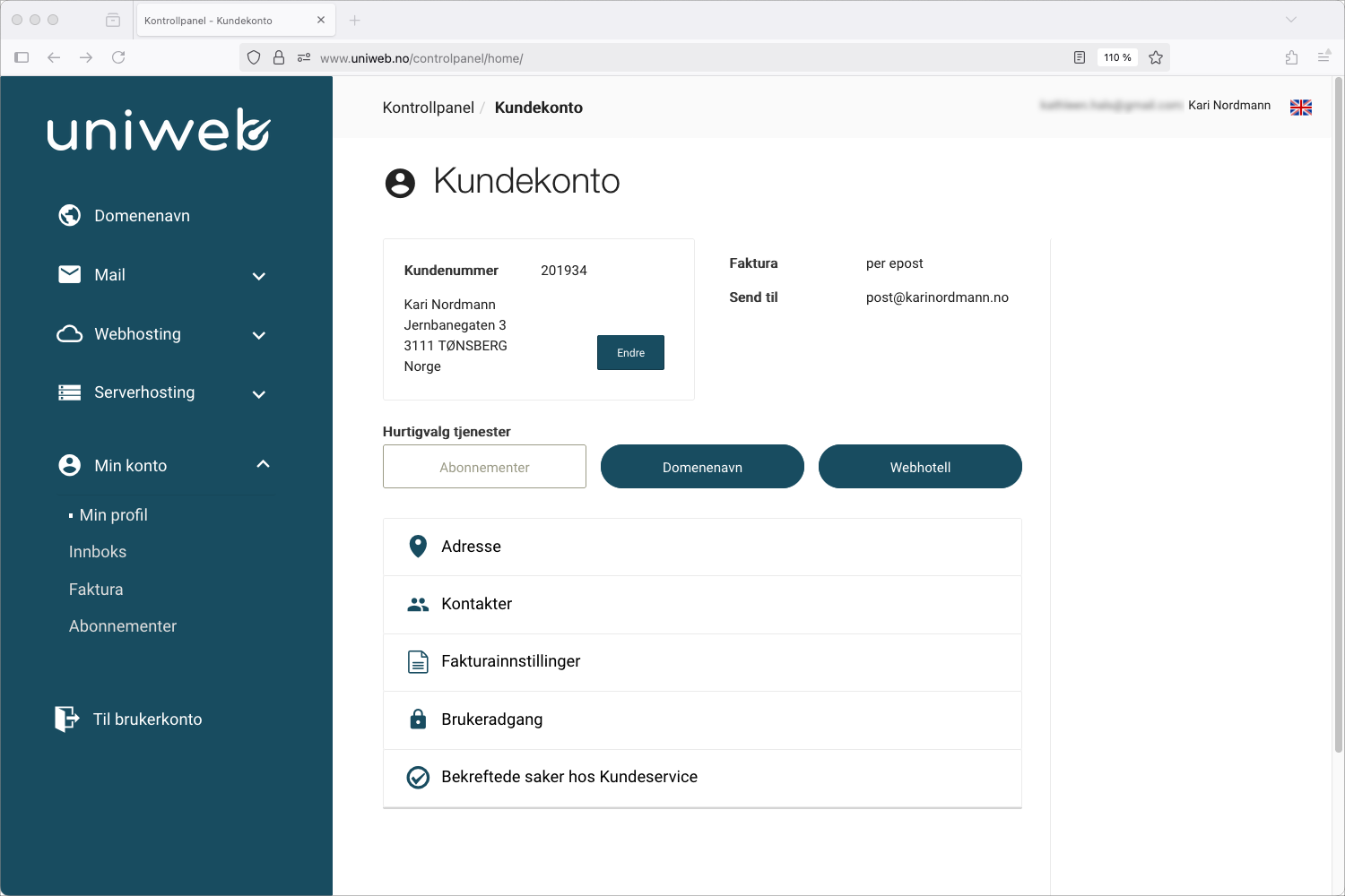 Hvordan oppretter jeg en videresending via kontrollpanelet? – Uniweb.no Kundeservice